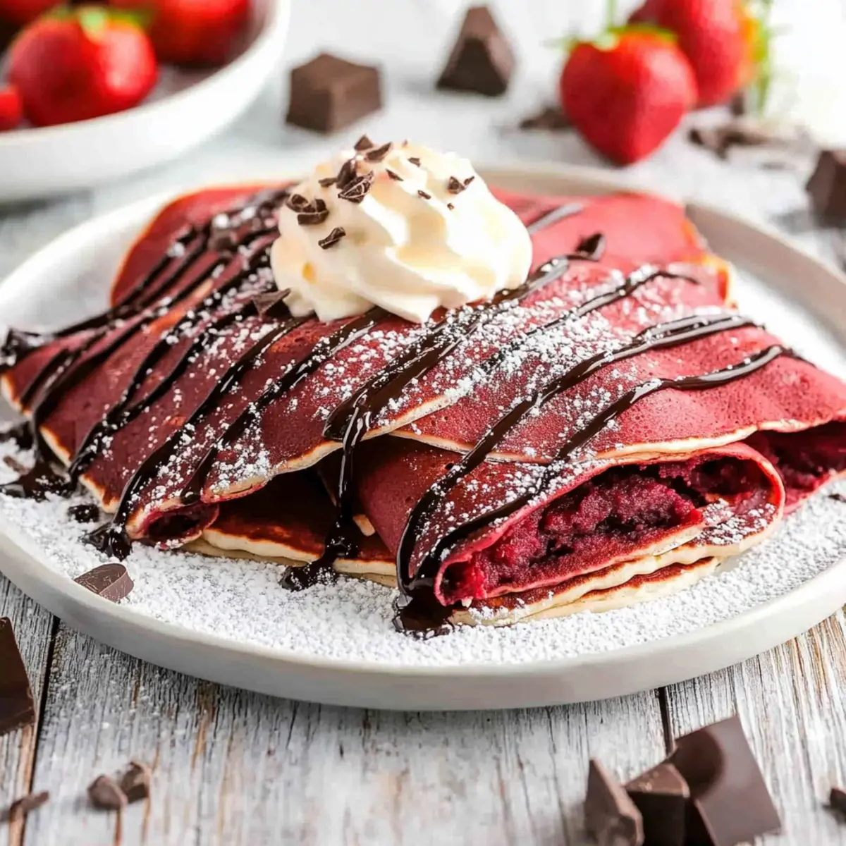 Delicious Red Velvet Crêpes with Chocolate Whipped Cream Recipe - Top ...